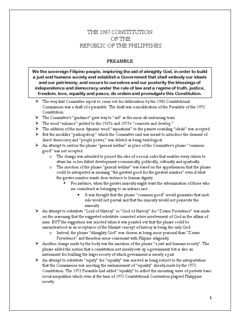 The 1987 Constitution of The Republic of The Philippines: Preamble ...