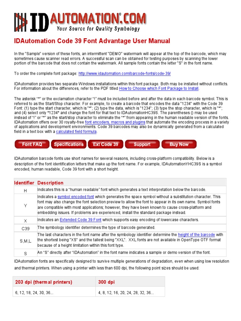 IDAutomation Code 39 Font Manual PDF | Download Free PDF | Barcode ... IDAutomation Code 39 Font Manual PDF | Download Free PDF | Barcode ...