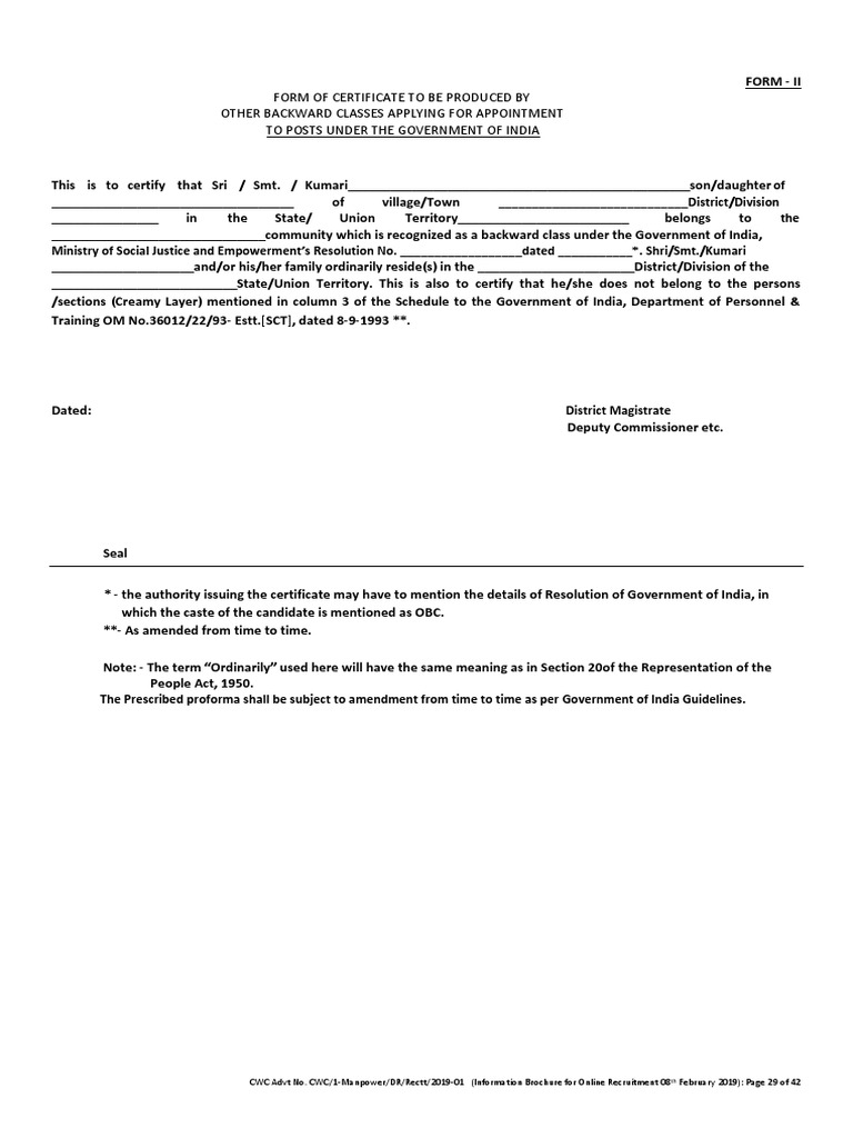 Form of Certificate To Be Produced by Other Backward Classes Applying ...