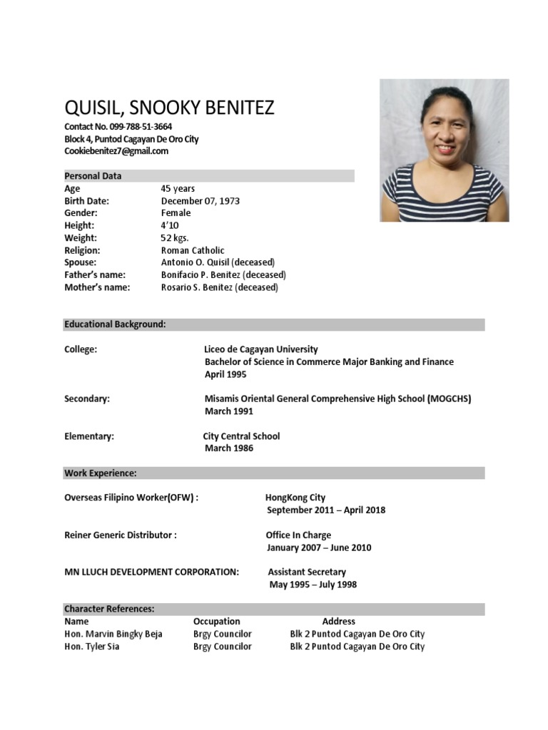 Quisil, Snooky Benitez: 45 Years December 07, 1973 Female 4'10 52 Kgs ...