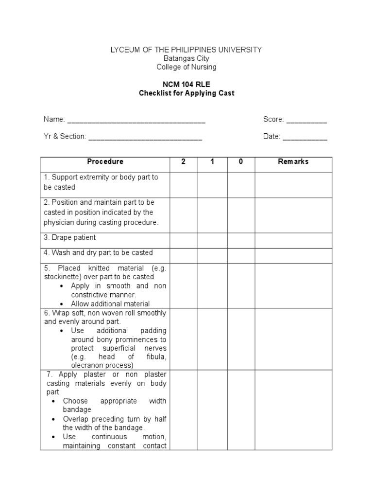 NCM 104 Rle Checklist For Applying Cast | PDF