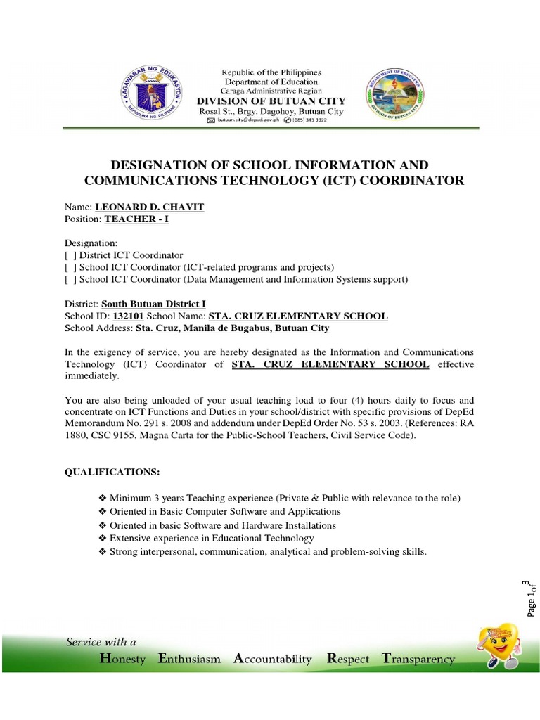 Designation of School Information and Communications Technology (Ict ...