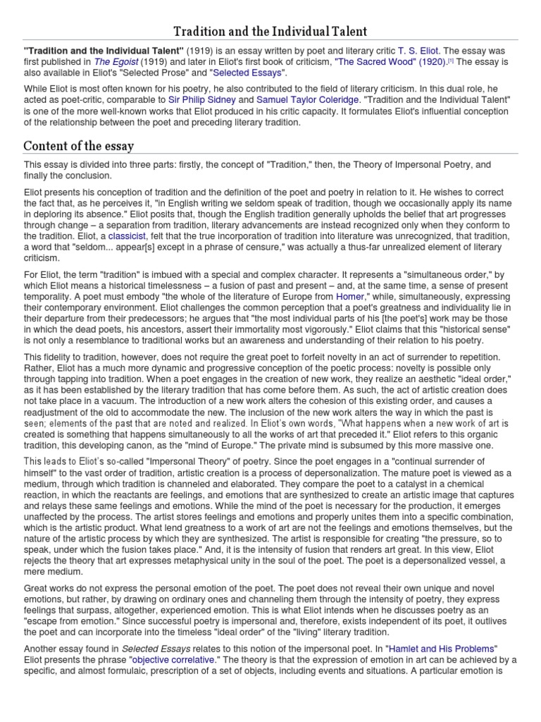 Tradition and The Individual Talent Summary | PDF | Poetry