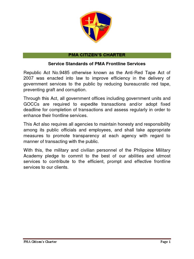 Pma Citizen'S Charter Service Standards of PMA Frontline Services | PDF ...