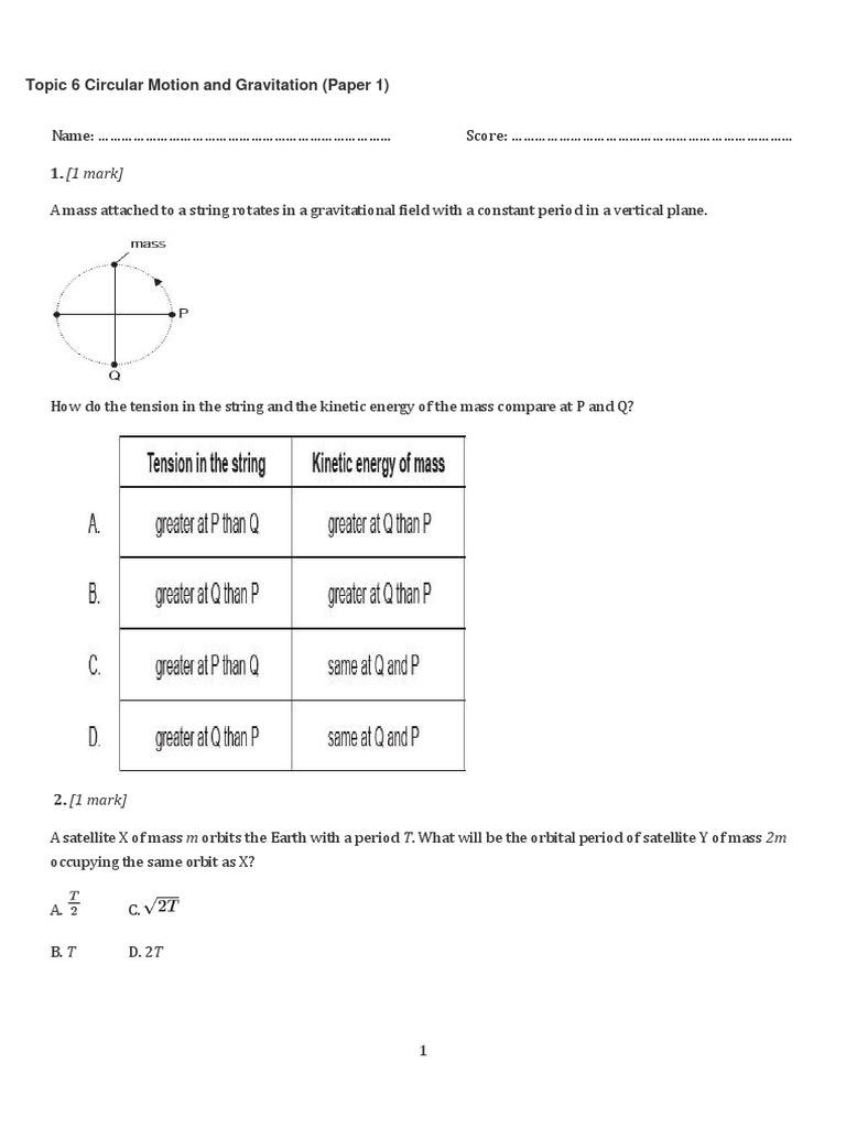 Topic 6 Circular Motion Test P1 | PDF | Force | Mass