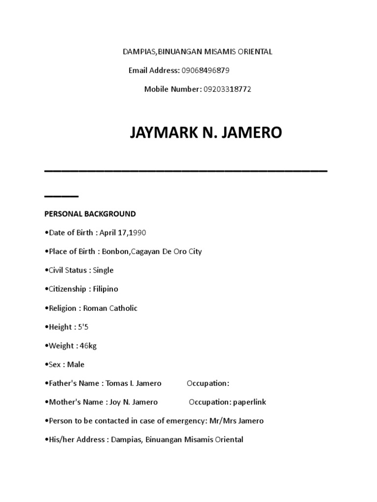Jaymark N. Jamero - : Personal Background | PDF