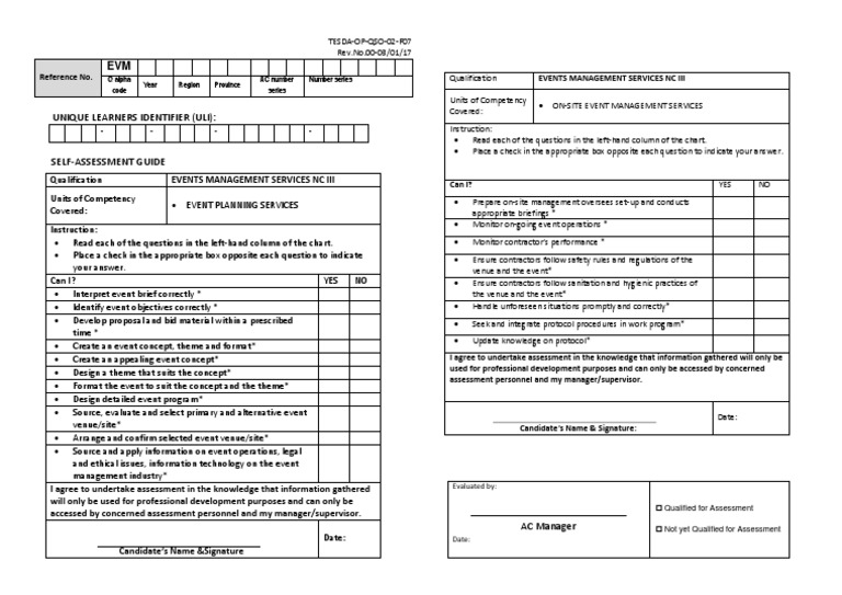 TESDA Self-Assessment: Events Management NC III | PDF | Business