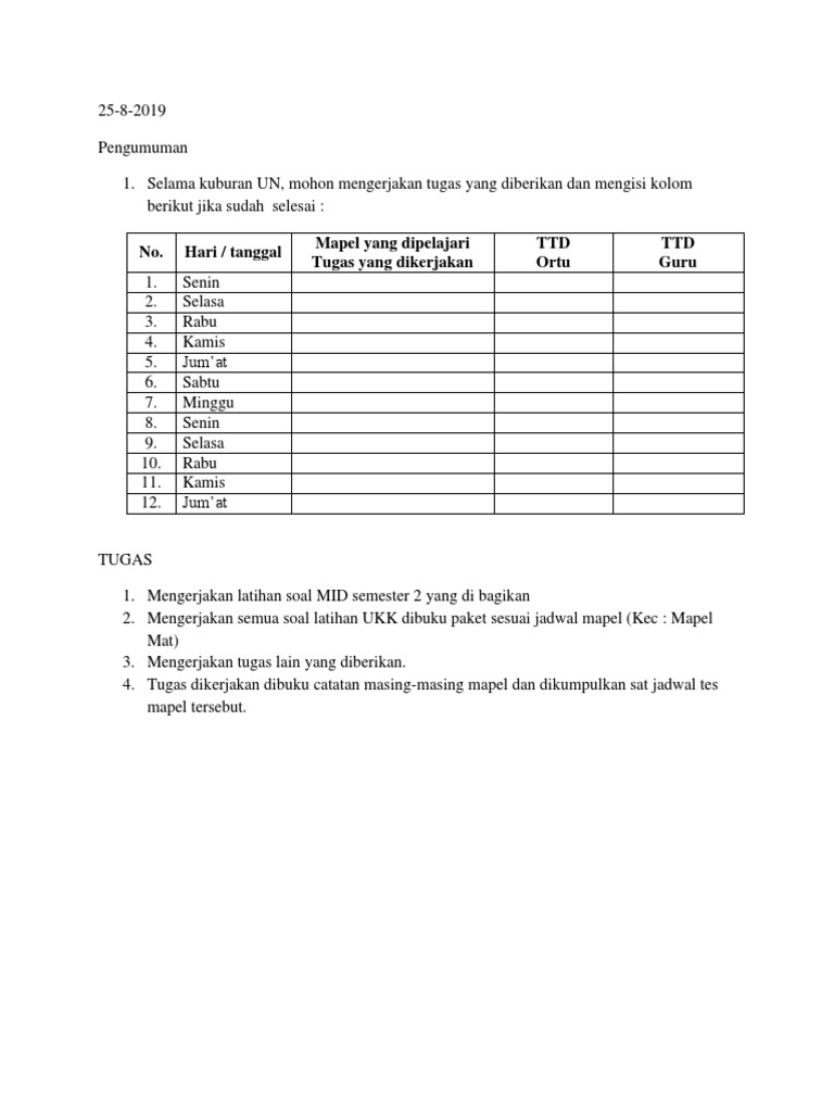 Pengumuman Tabel Tugas Sekolah 2019 | PDF