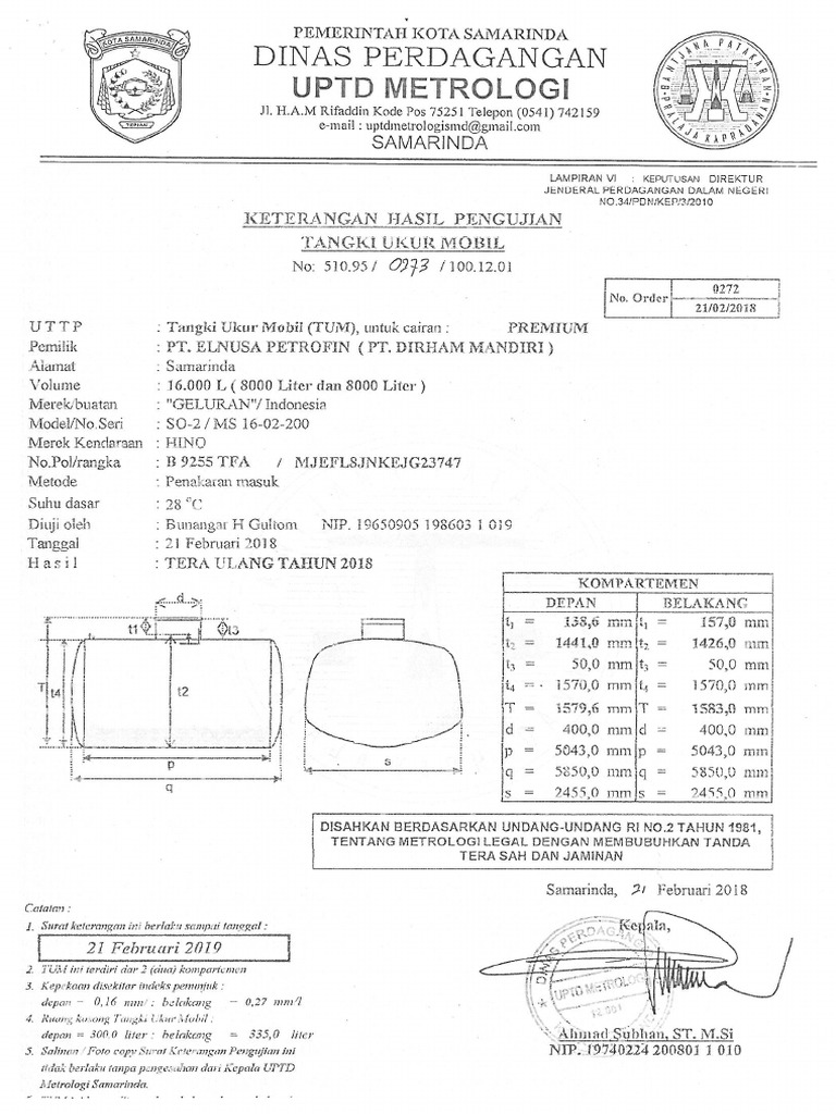 Contoh Sertifikat Tangki Truk | PDF