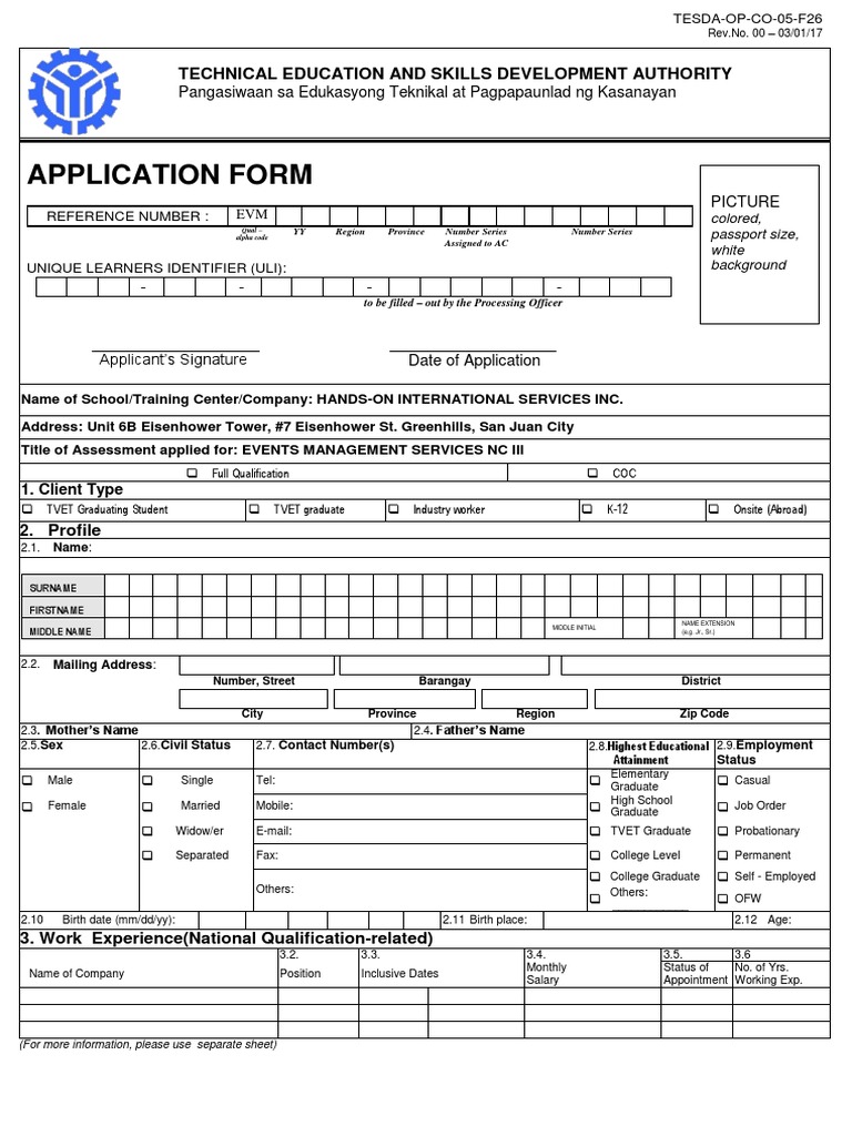 Application Form-Evm NC III | PDF | Learning | Business