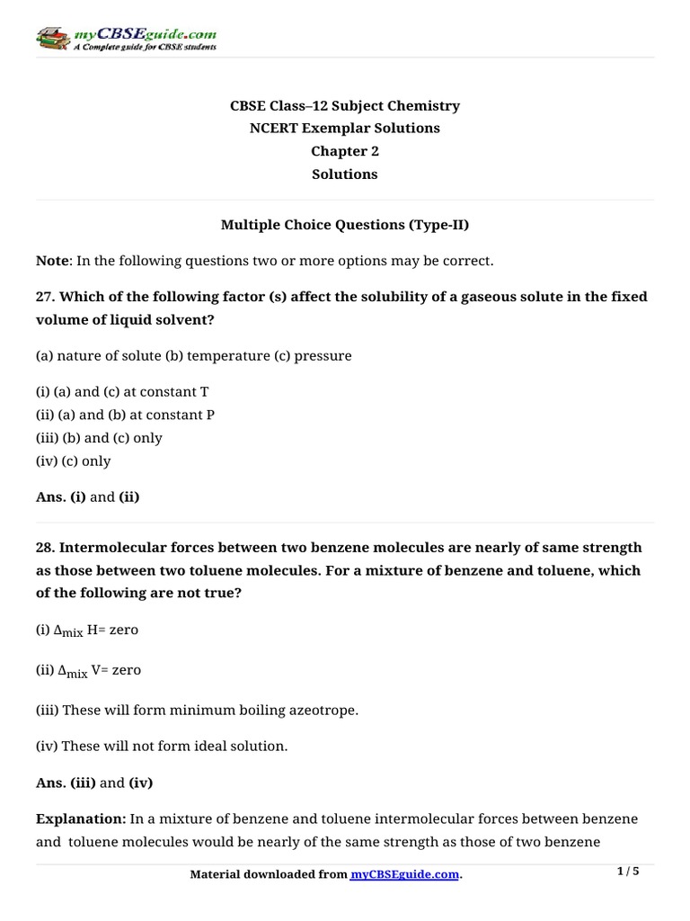 12 Chemistry Exemplar Ch02 Mcq2 | PDF | Solution | Continuum Mechanics