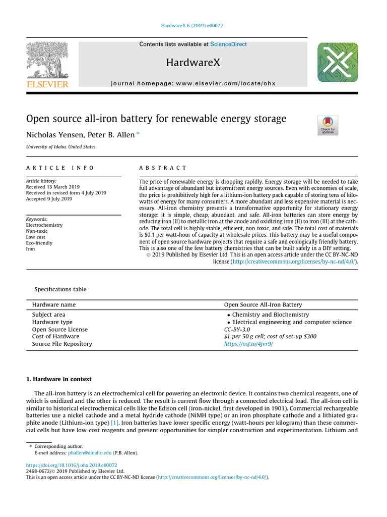 Open Source All-Iron Battery For Renewable Energy Storage | PDF | Redox ...