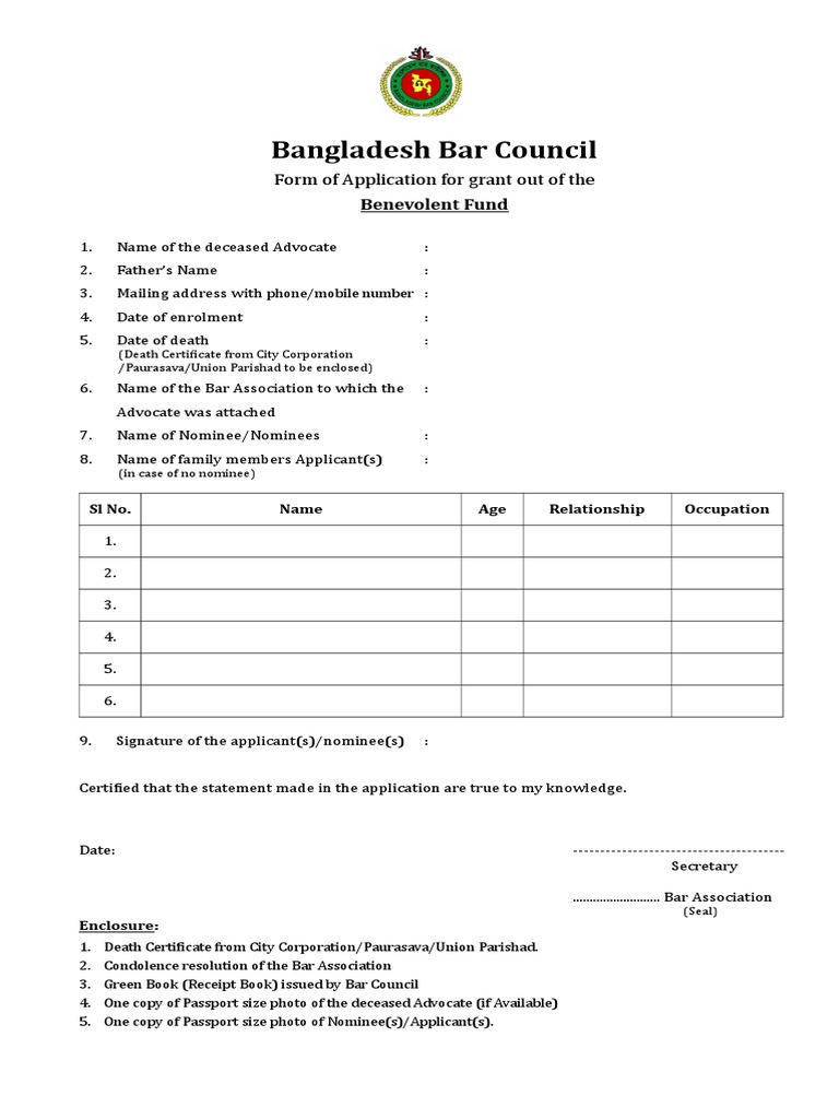 Bangladesh Bar Council: Form of Application For Grant Out of The | PDF ...