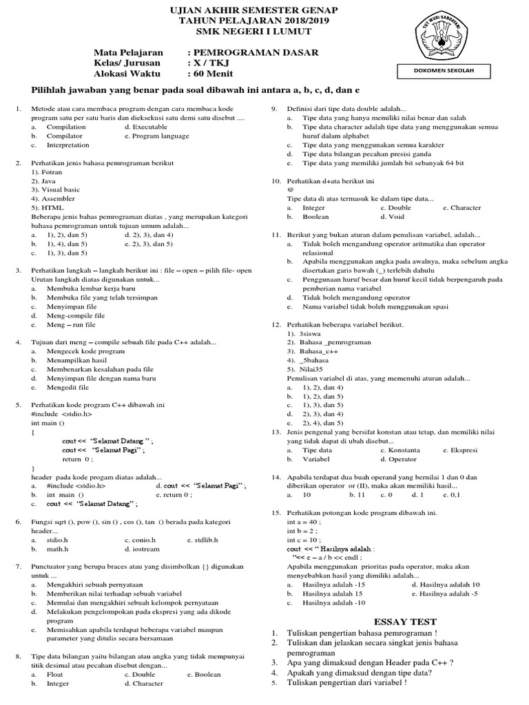 Soal Pemrograman Dasar 2019 | PDF