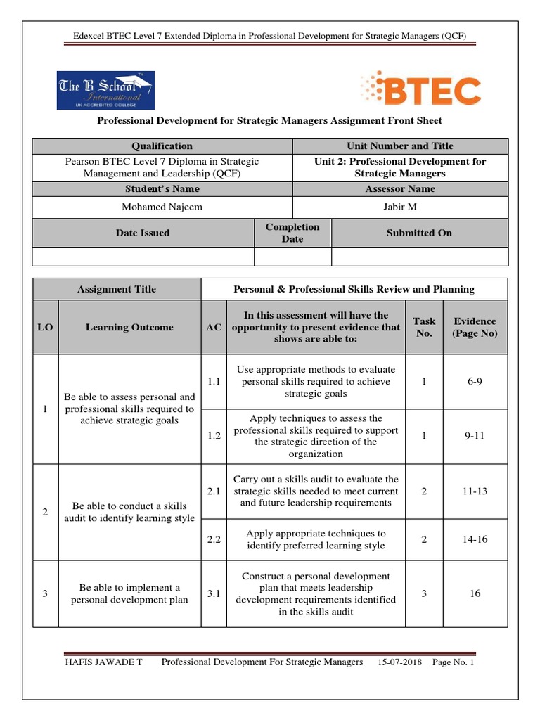 Edexcel BTEC Level 7 Extended Diploma in Professional Development For ...