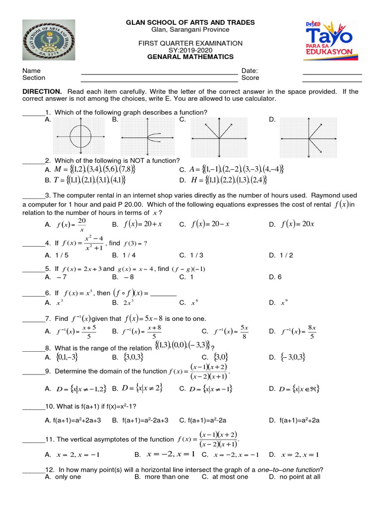 1st Grading Exam Gen Math | PDF | Function (Mathematics) | Logarithm