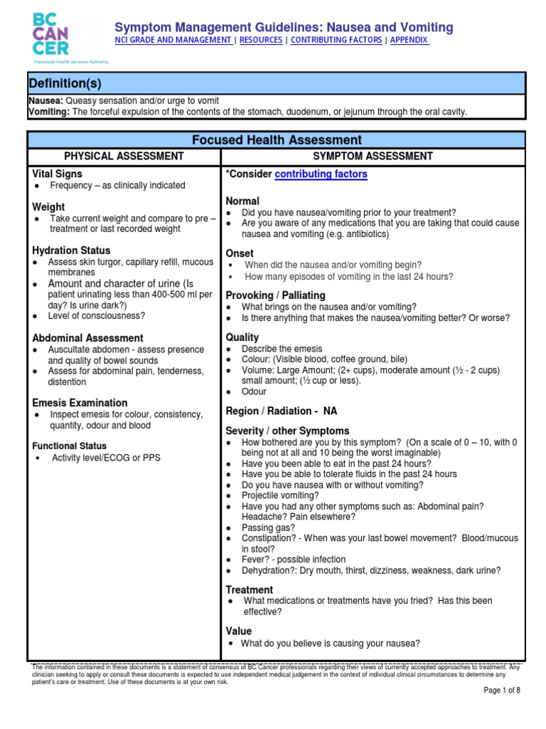 Definition S Symptom Management Guidelines Nausea And Vomiting