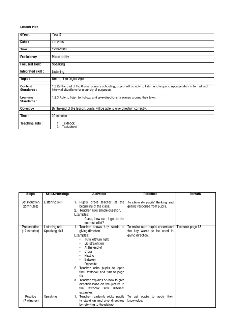 Year 5 Lesson Plan Unit 11 Listening and Speaking | PDF | Lesson Plan ...