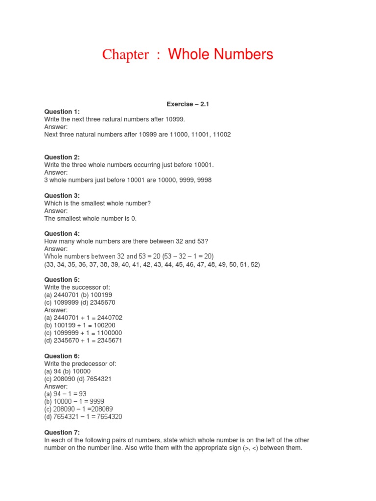 Chapter: Whole Numbers: Exercise - 2.1 | PDF | Multiplication | Natural ...