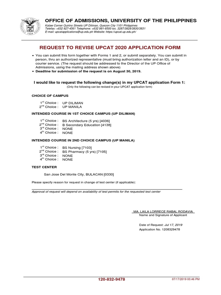 Request To Revise Upcat 2020 Application Form: Office of Admissions ...