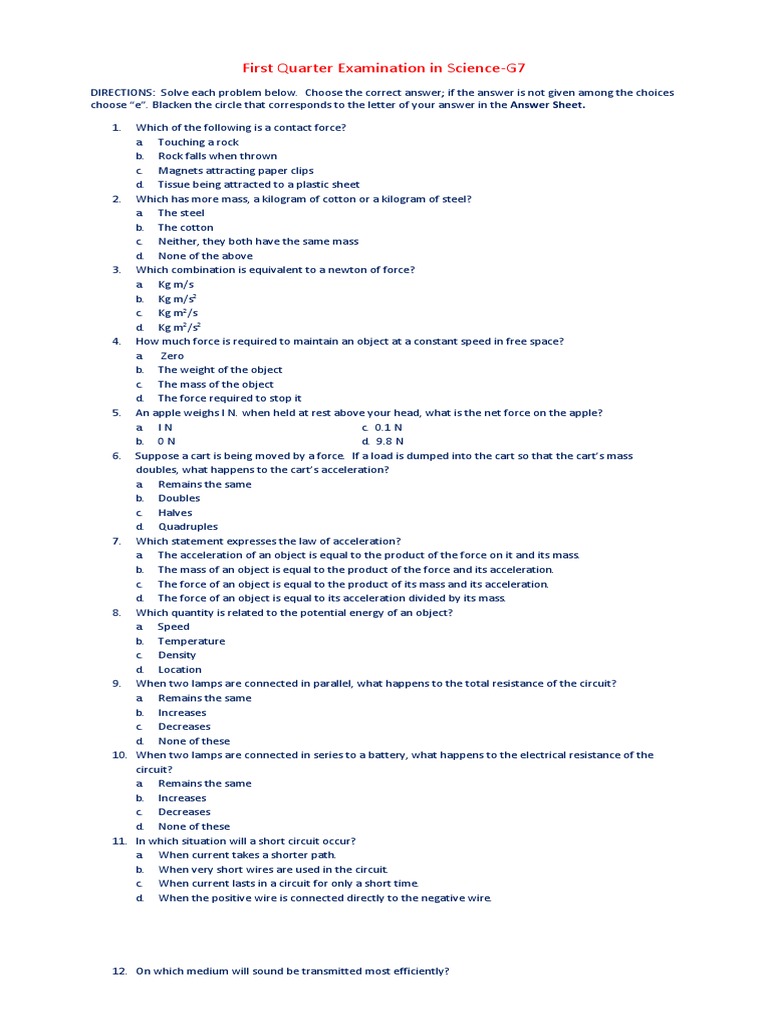 First Quarter Physics Exam - Grade 7 | PDF | Force | Mass