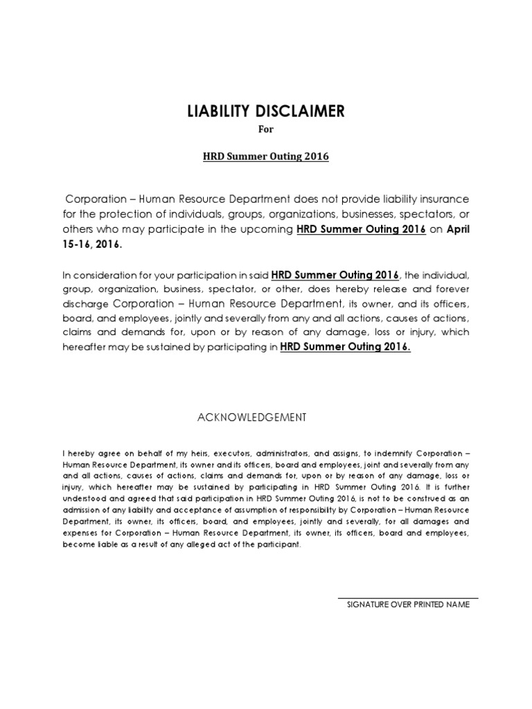 HRD Summer Outing Liability Waiver | PDF | Business