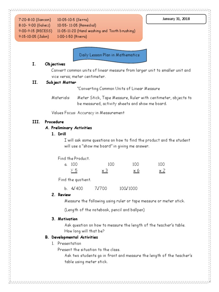 Daily Lesson Plan in Mathematics | Metre | Teaching Mathematics