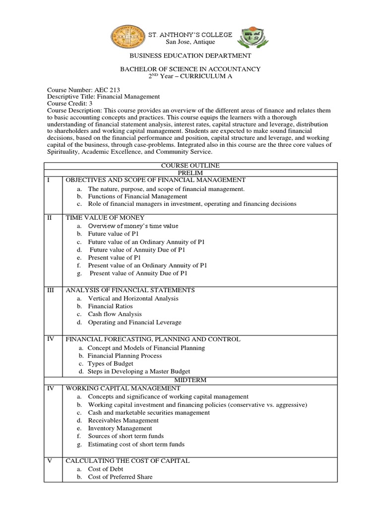 AEC 213 Course Outline | PDF | Cost Of Capital | Capital Budgeting