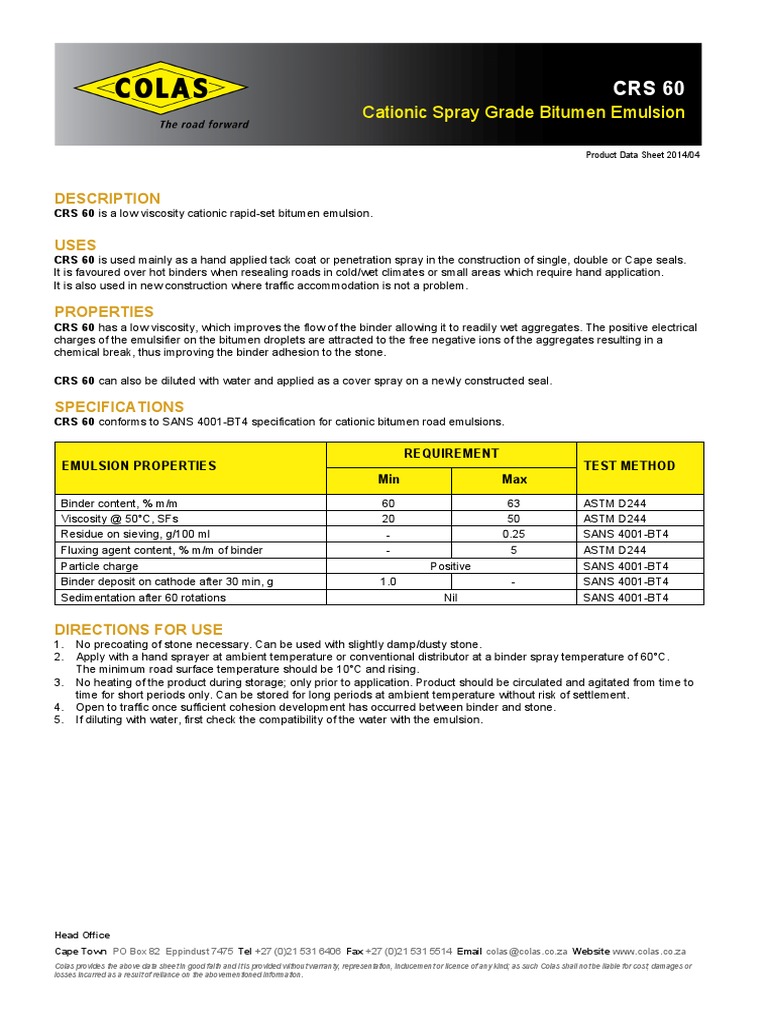 CRS 60 Emulsified Bitumen | PDF | Emulsion | Asphalt