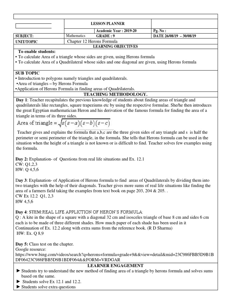 Lesson Plan On Herons Formula | PDF | Area | Triangle