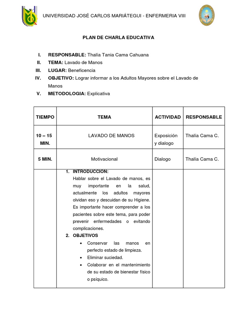 Plan de Charla Lavado de Manos | Lavado de manos | Especialidades Medicas