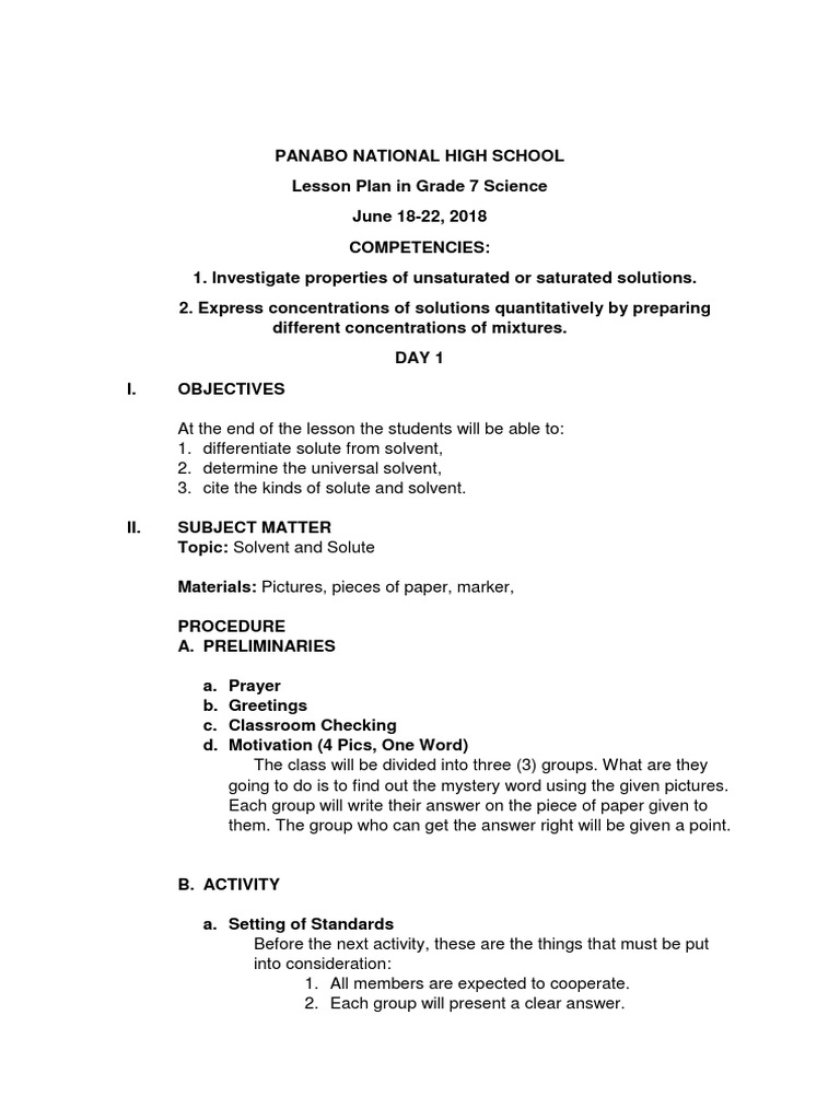 Grade 7 Solute and Solvent Lesson Plan | PDF | Solution | Solvent