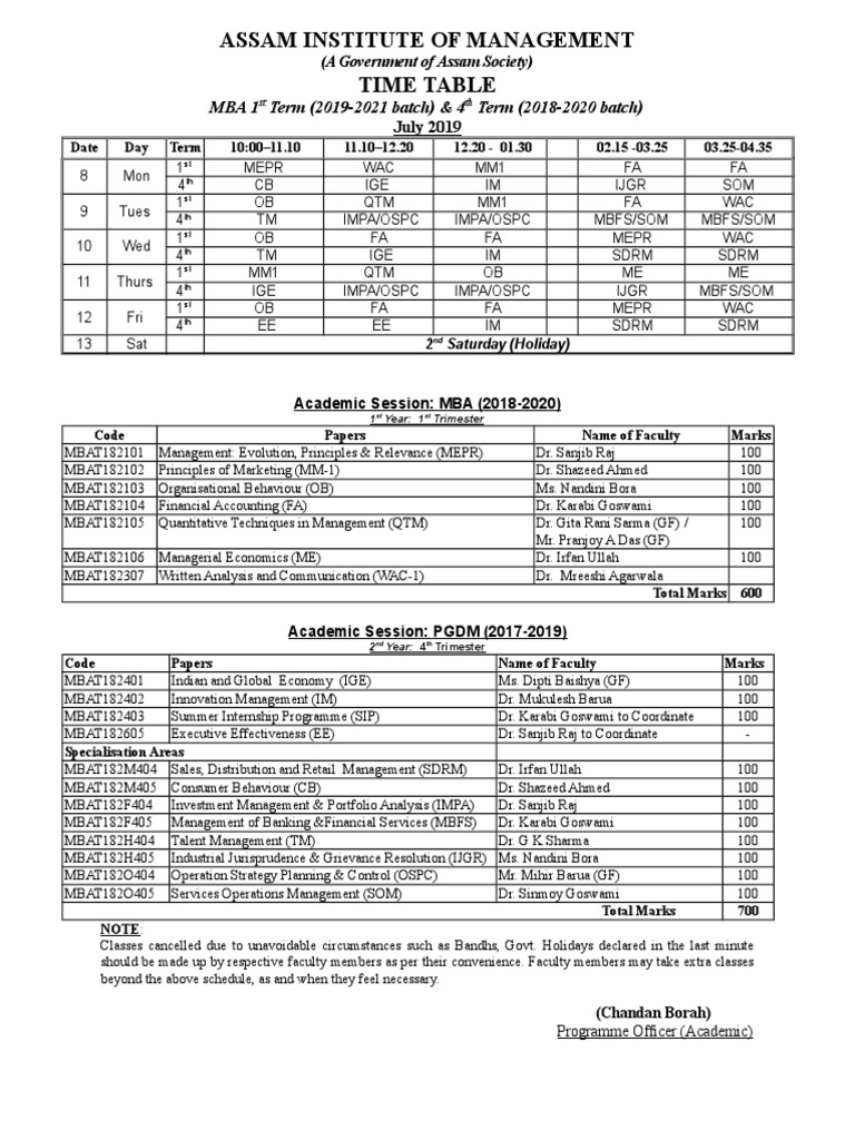 Assam Institute of Management Time Table: Mba 1 Term (2019-2021 Batch ...