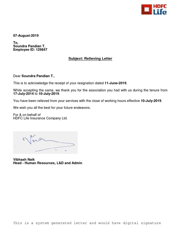 HDFC Life Relieving Letter for Soundra Pandian | PDF | Career & Growth ...