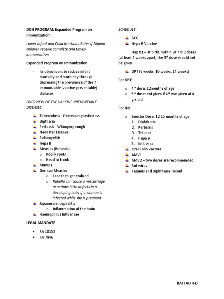 DOH PROGRAM: Expanded Program On Immunization: Schedule | PDF ...