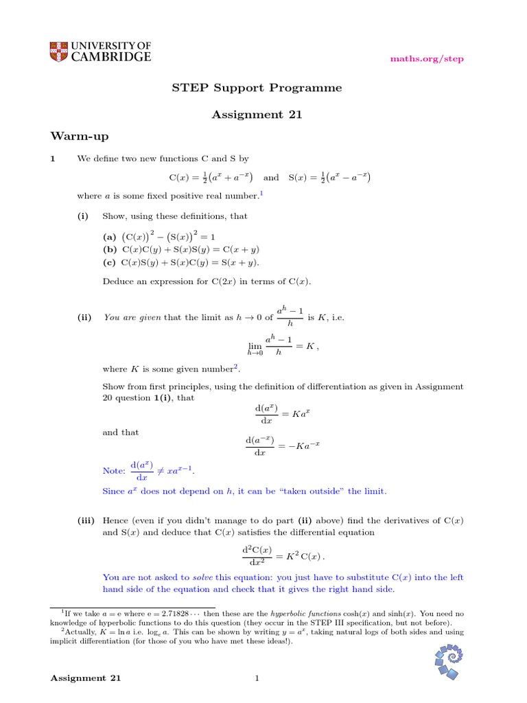 STEP Support Programme Assignment 21 Warm-Up | PDF | Circle | Derivative