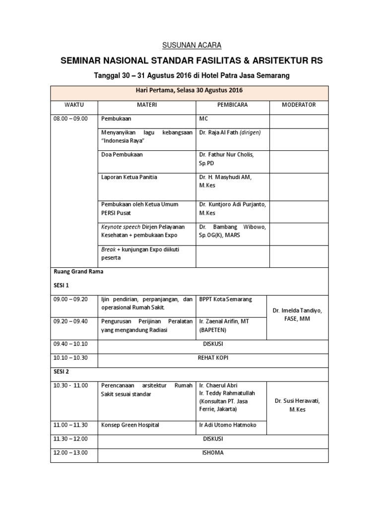 Susunan Acara Seminar Standar Fasilitas & Arsitektur RS | PDF