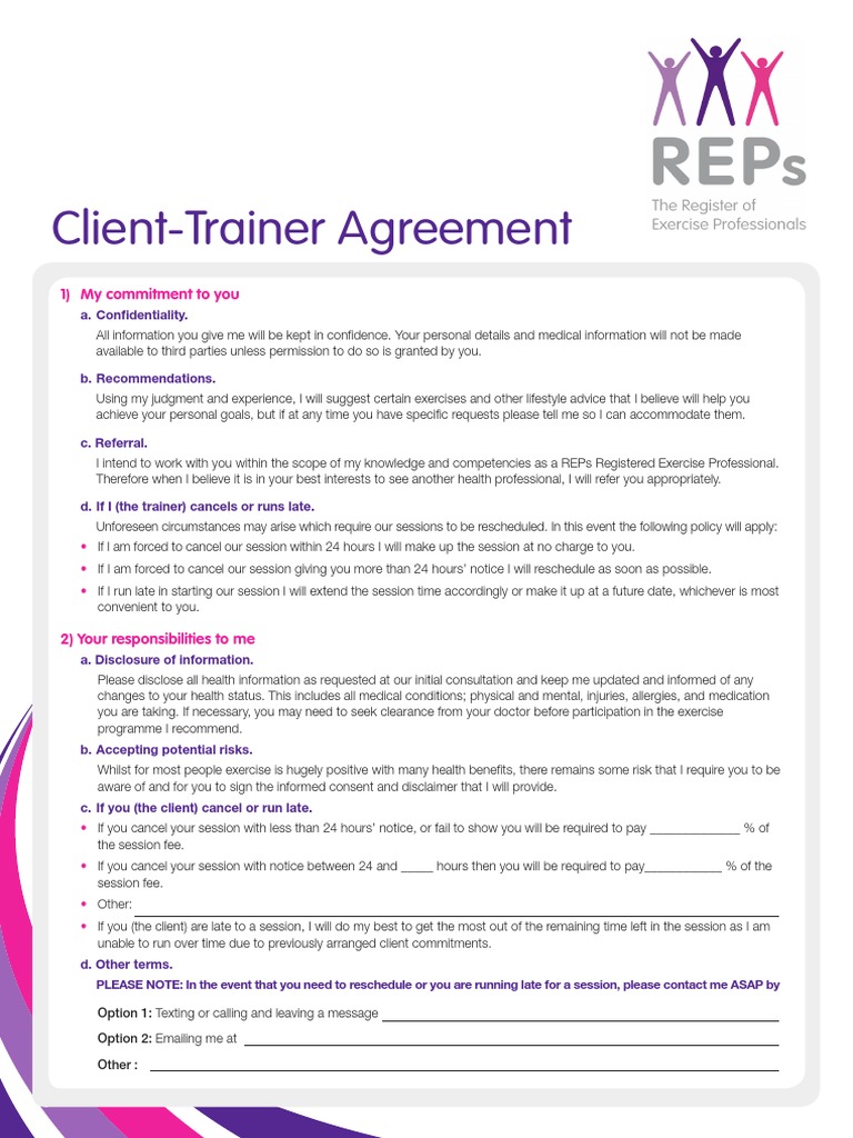 Client and Trainer Agreement | PDF | Personal Trainer | Business