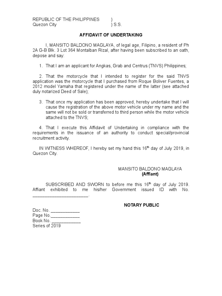 Affidavit of Undertaking Sra ISO | PDF