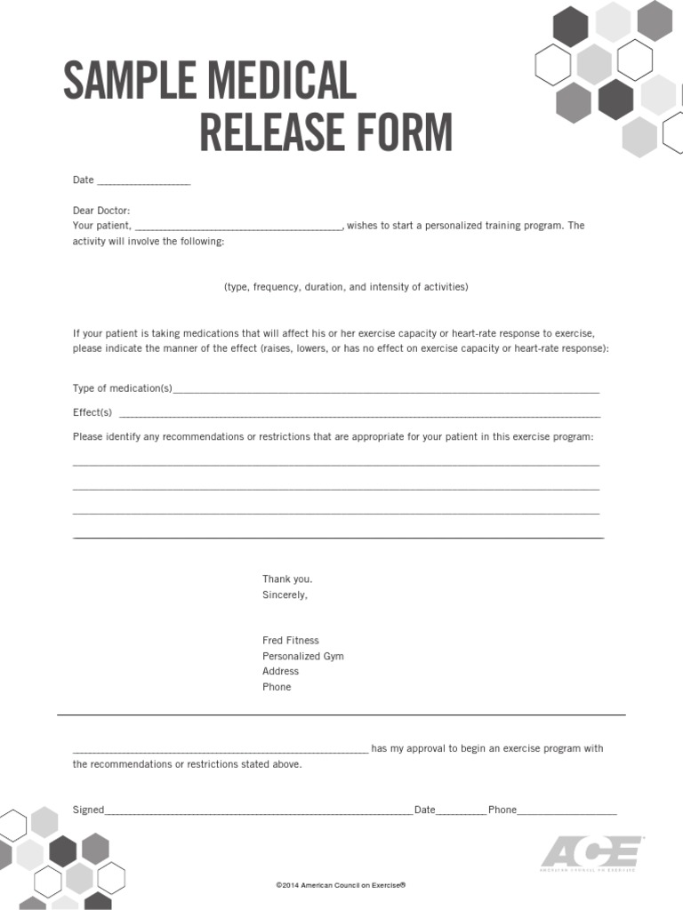 Sample Medical Release Form: ©2014 American Council On Exercise® | PDF ...