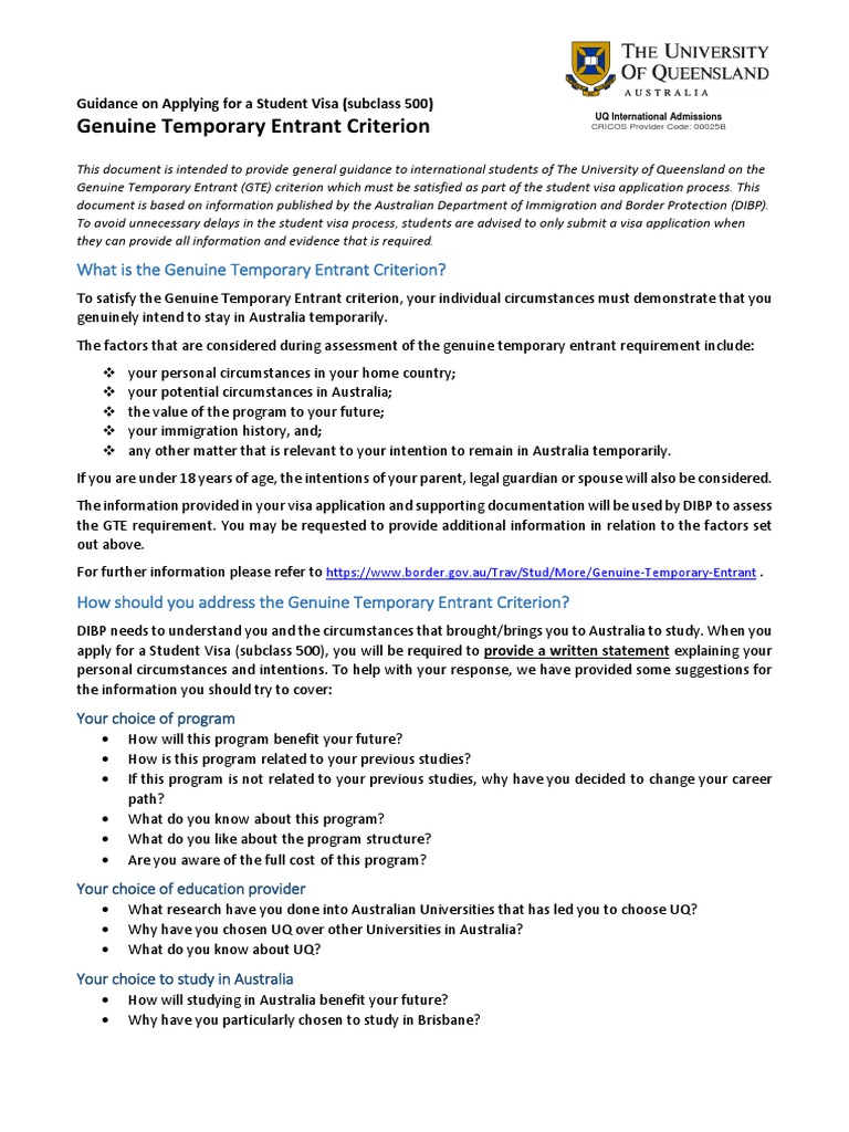 UQ GTE Statement of Purpose | Travel Visa | Australia | Free 30-day ...