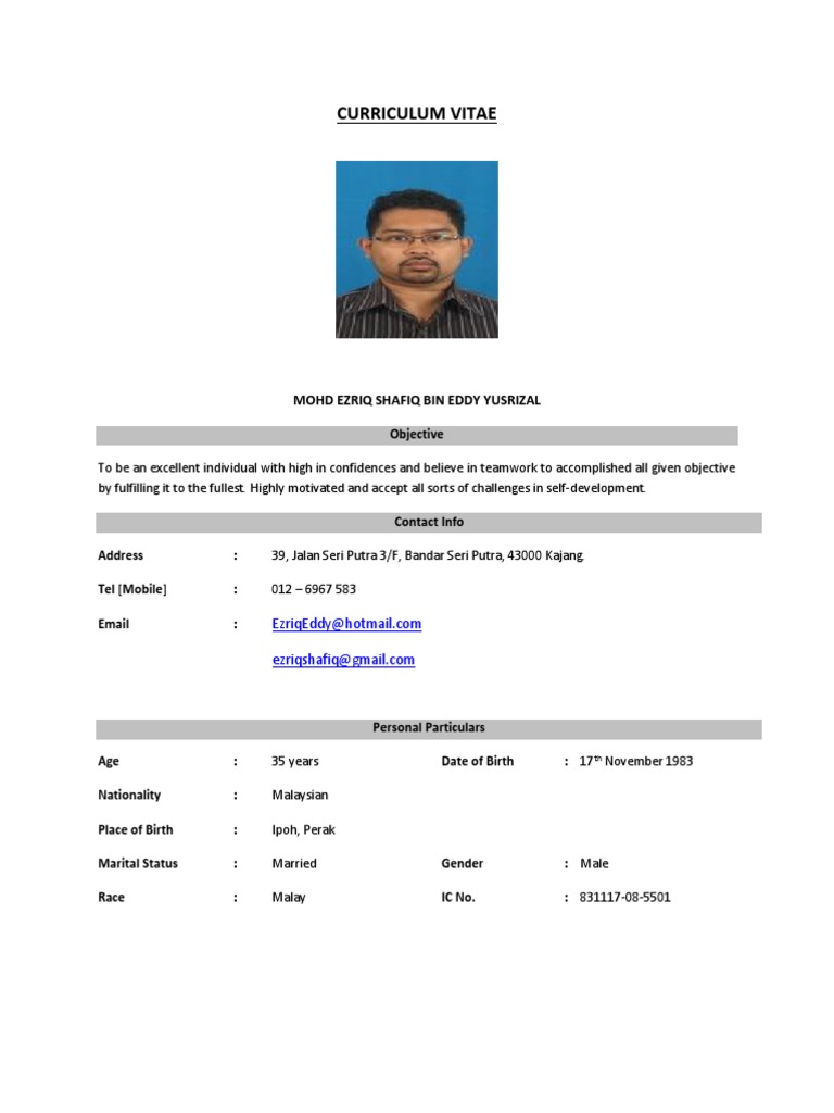 Curriculum Vitae: Mohd Ezriq Shafiq Bin Eddy Yusrizal | PDF ...
