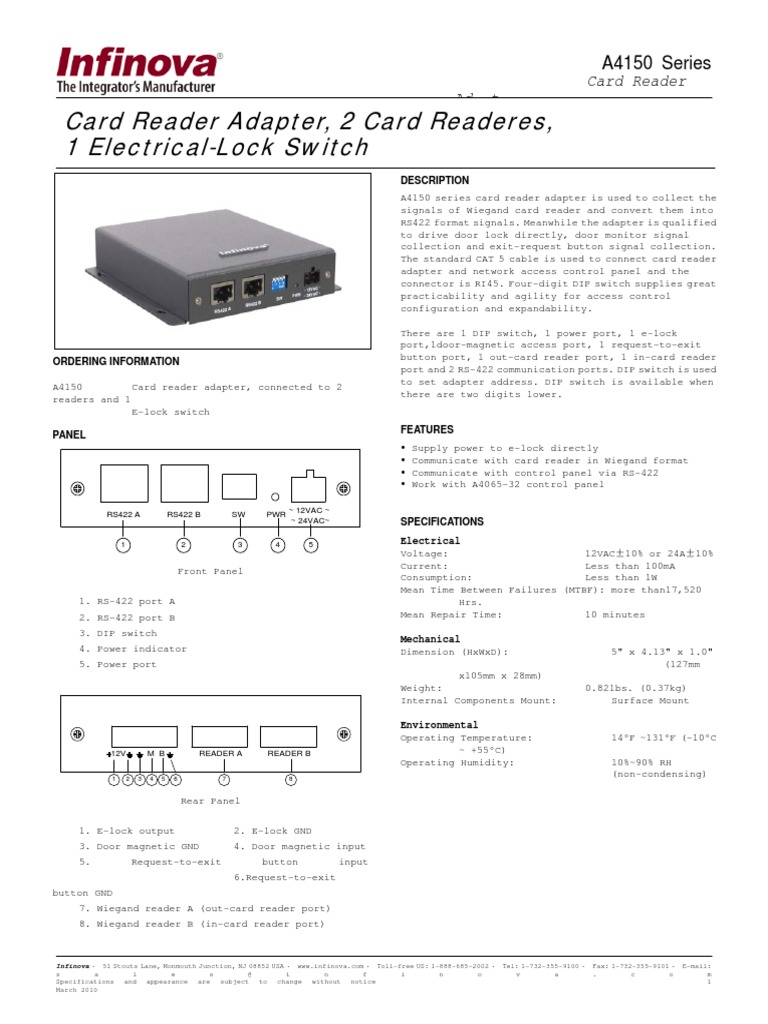 Card Reader Adapter, 2 Card Readeres, 1 Electrical-Lock Switch | PDF | Equipment | Electrical ...