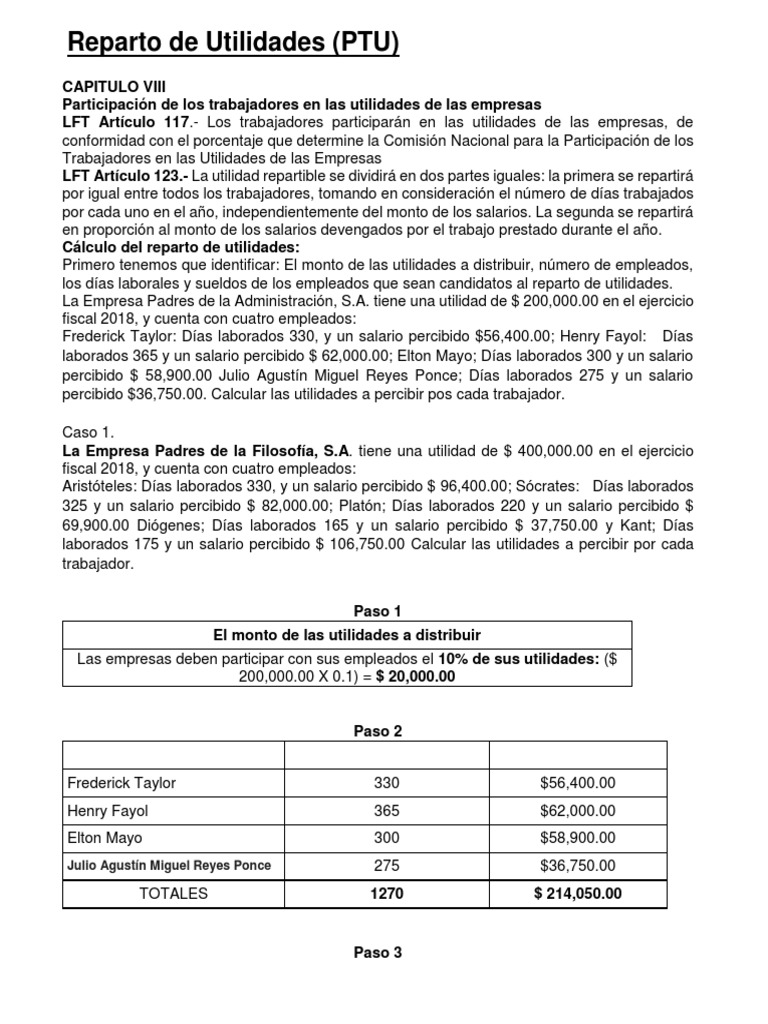 Ejemplo De Reparto De Utilidades Ptu Pdf Salario Economias