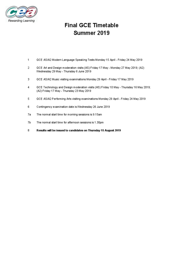 Final GCE Timetable for Summer 2019 Examinations | PDF | Academia | Science