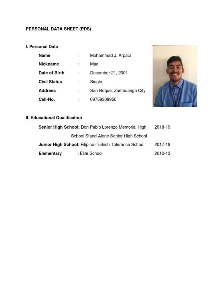 Personal Data Sheet for Work Immersion | PDF