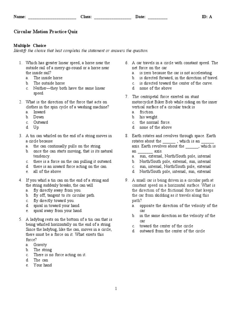Circular Motion Practice Quiz | PDF | Acceleration | Speed