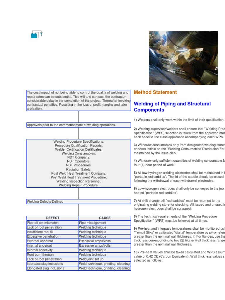 Method Statement: Welding of Piping and Structural Components | PDF | Welding | Construction
