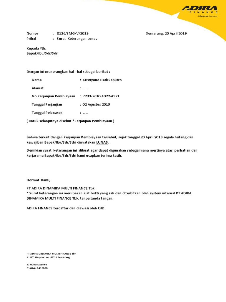 Surat Lunas Adira | PDF | Bisnis | Pengelolaan Keuangan & Uang
