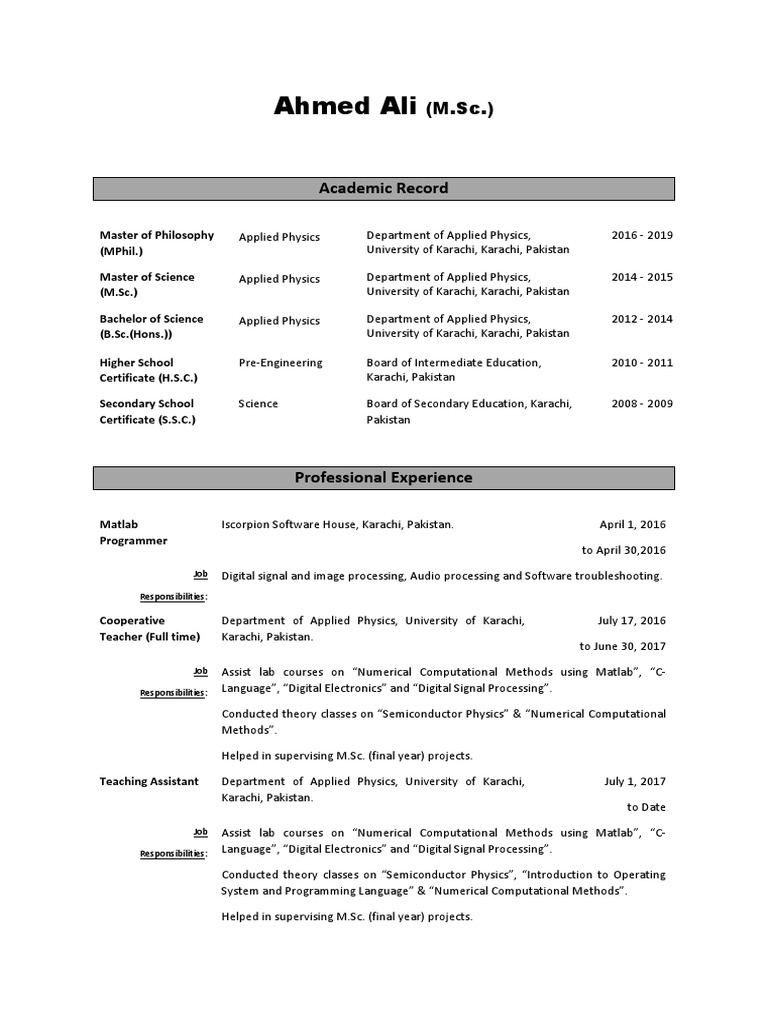 CV Ahmed 7 2019 | PDF | Master Of Science | Computing